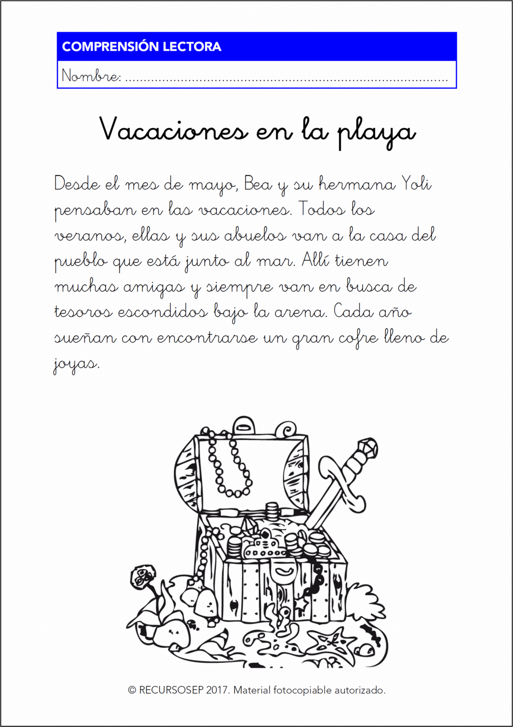 Vacaciones en la playa – Comprensión Lectora (1.º de Primaria)