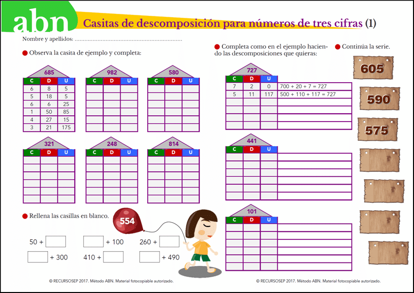 Método ABN. Casitas de descomposición para números de tres cifras Método ABN. Casitas de descomposición para números de tres cifras