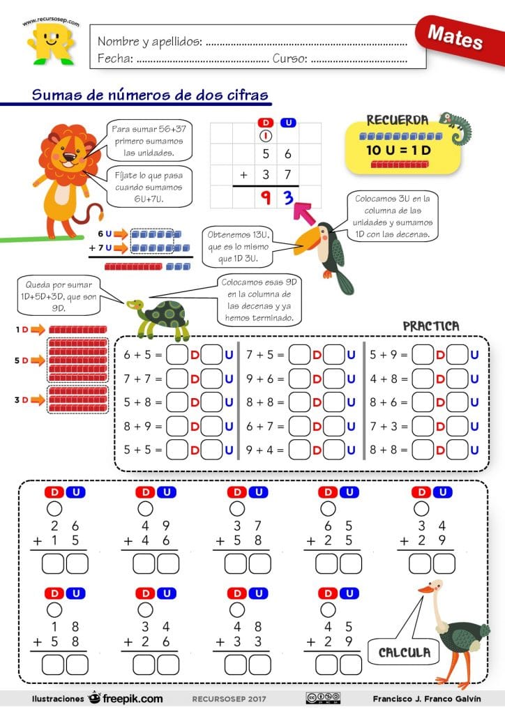 Introducción a la suma con llevadas (números de dos cifras)