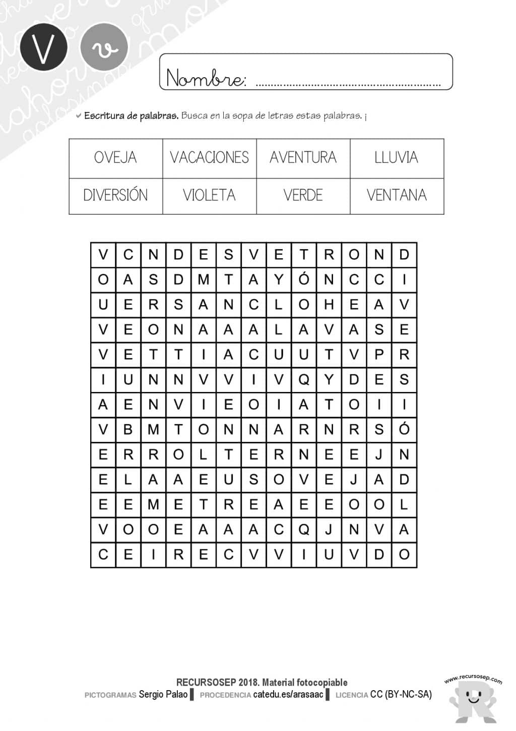 Cuadernillo de lectura y escritura: letra V