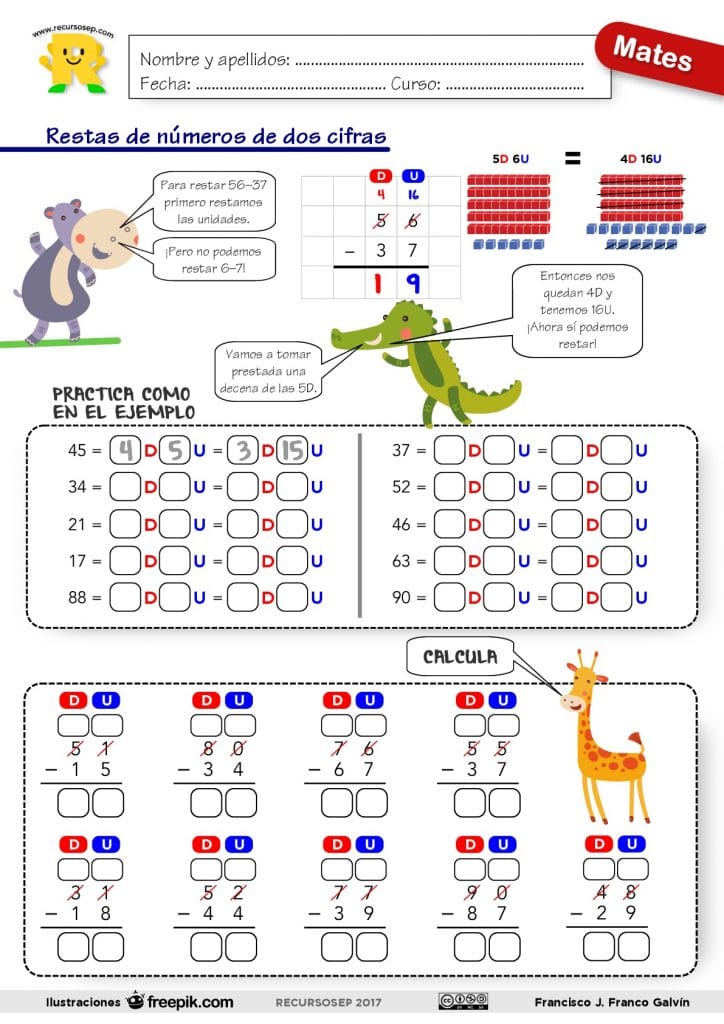Introducción a la resta con llevadas (números de dos cifras)