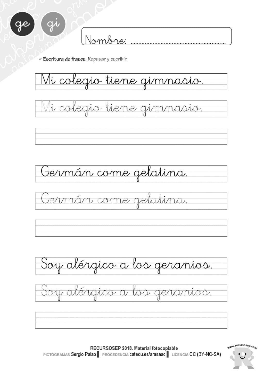 Cuadernillo de lectura y escritura: GE – GI