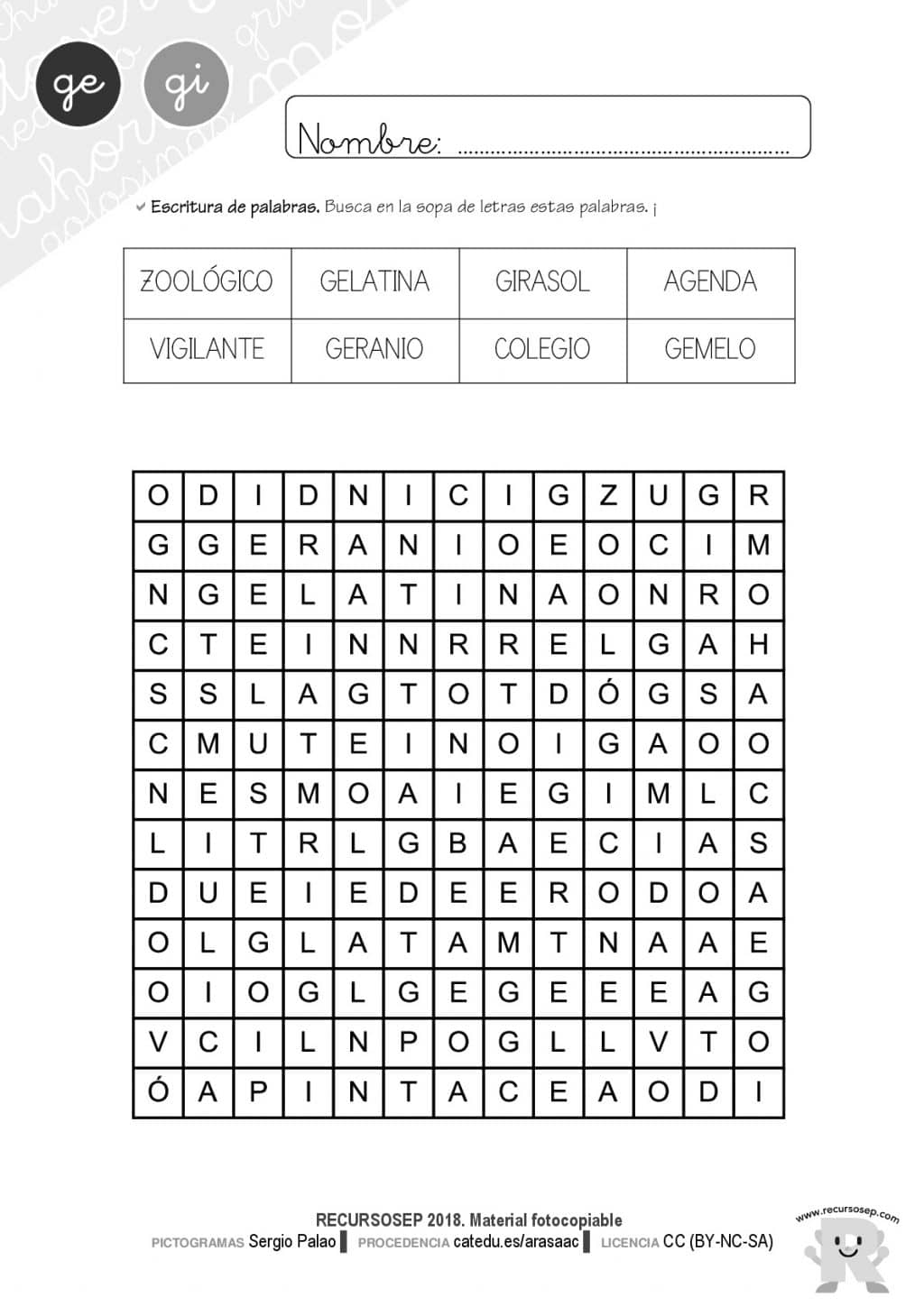 Cuadernillo de lectura y escritura: GE – GI