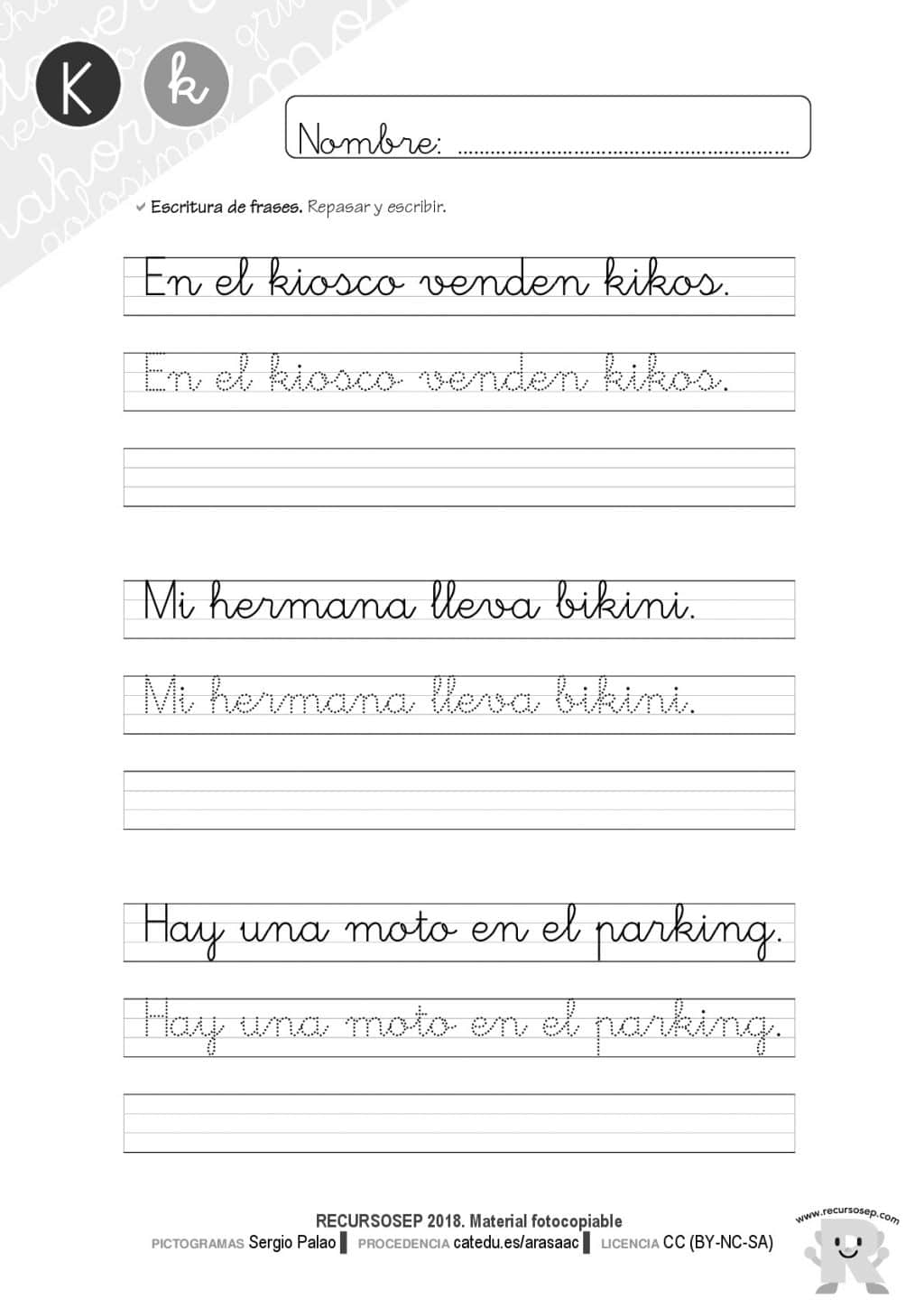 Cuadernillo de lectura y escritura: letra K