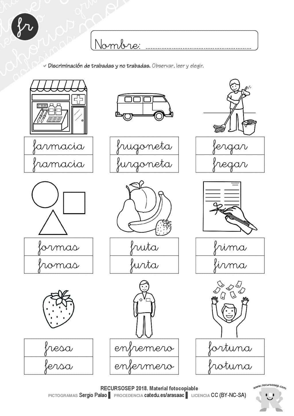 Cuadernillo de lectura y escritura: trabada FR