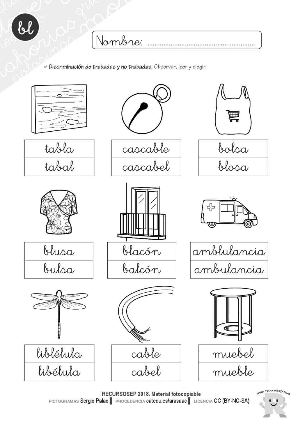 Cuadernillo de lectura y escritura: trabada BL