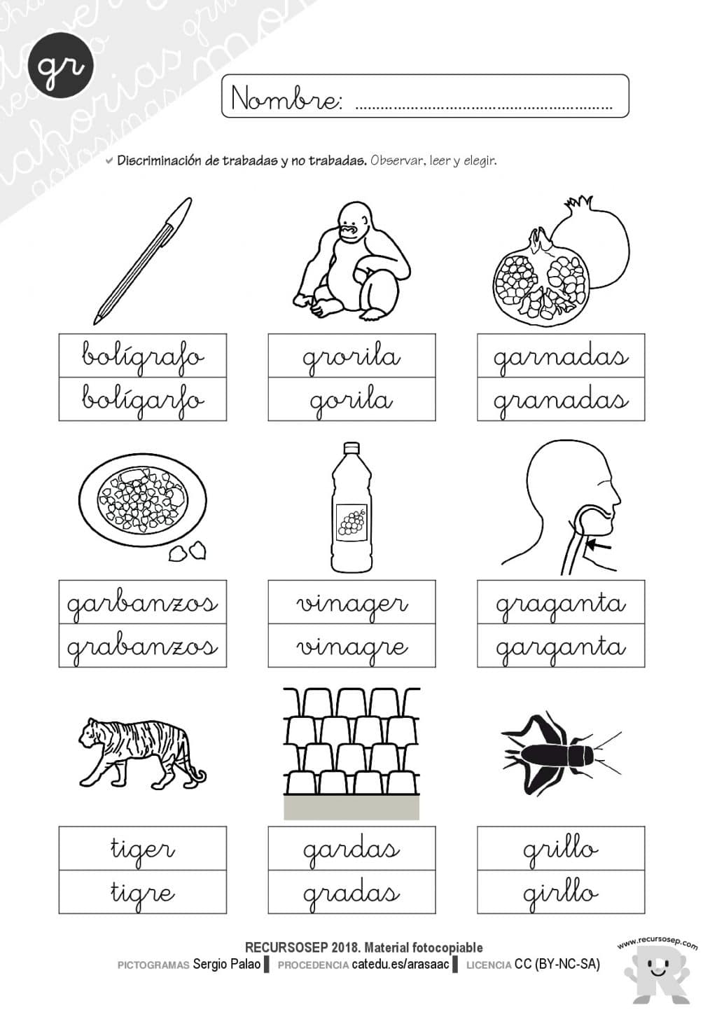 Cuadernillo de lectura y escritura: trabada GR