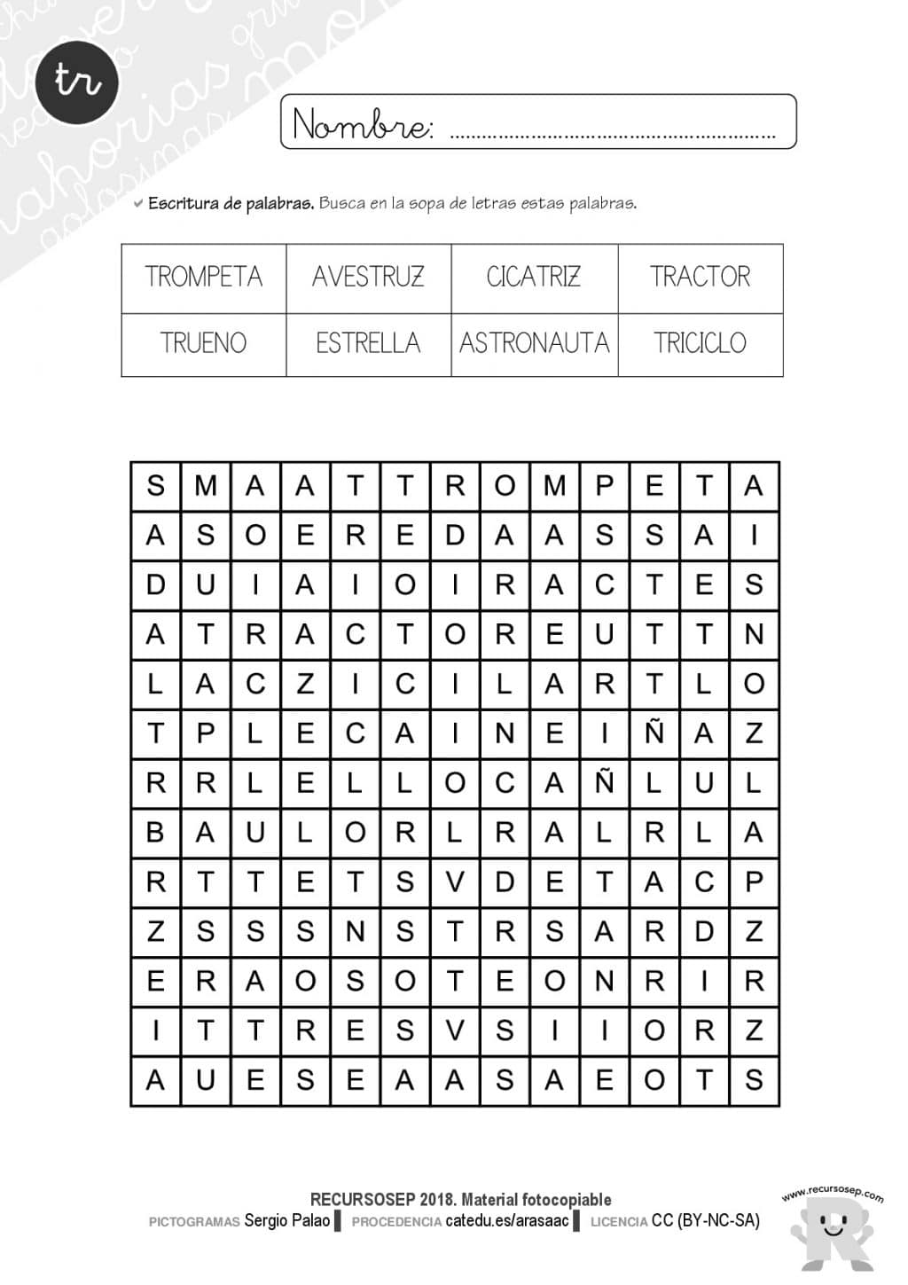 Cuadernillo de lectura y escritura: trabada TR