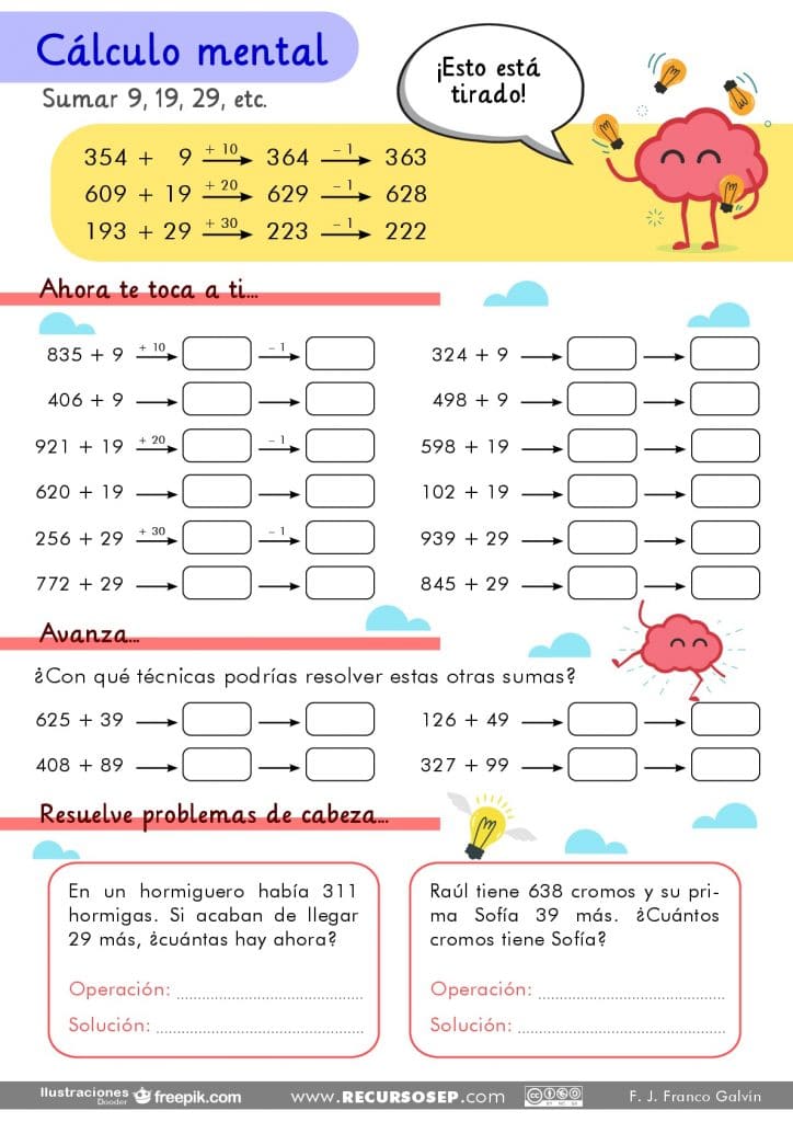 CÁLCULO MENTAL: Estrategia para sumar 9, 19, 29, etc.