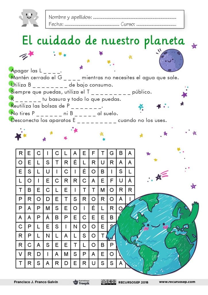 El cuidado de nuestro planeta: SOPA DE LETRAS