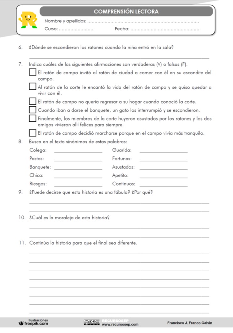 Comprensión lectora: El ratón campestre y el cortesano