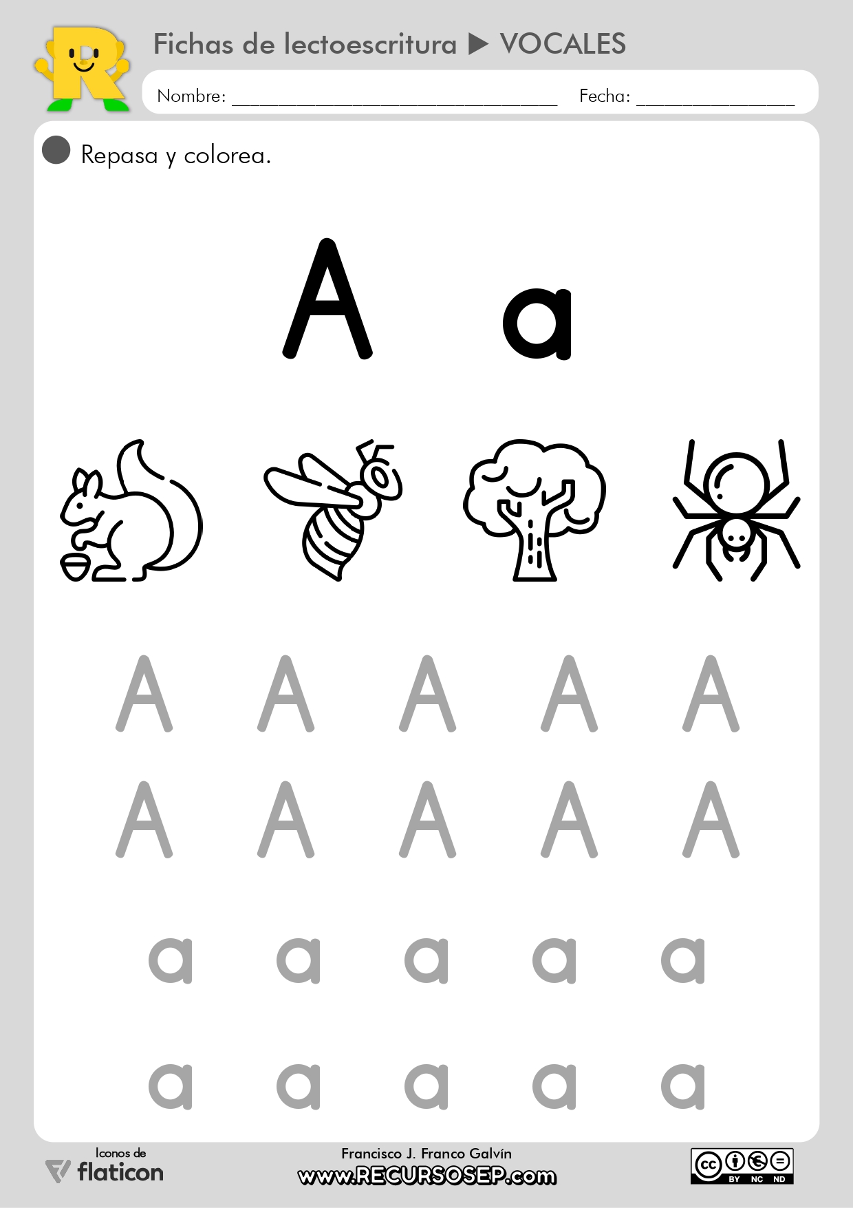 Fichas de LECTOESCRITURA – VOCALES (Letra ligada e imprenta)