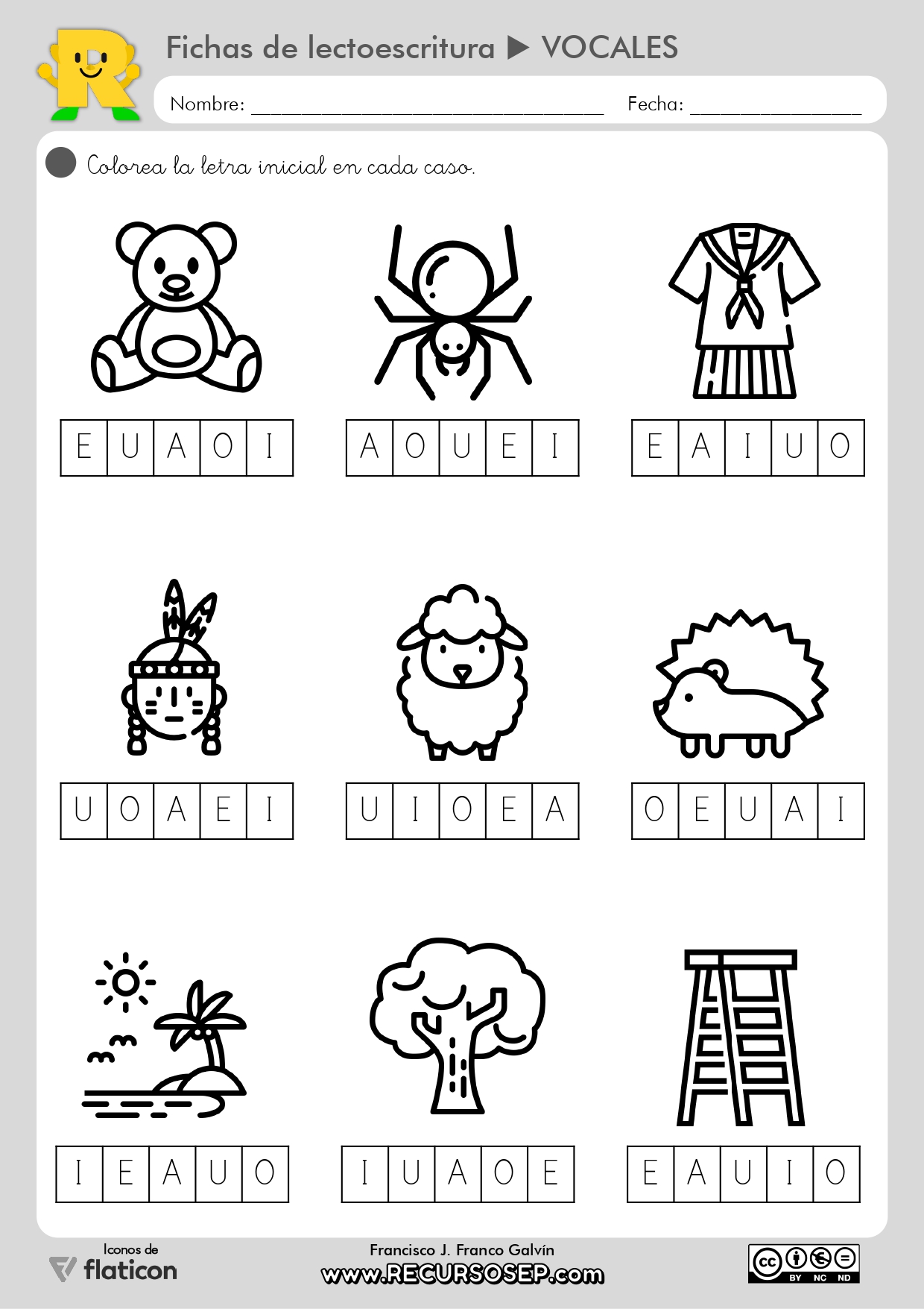 Fichas de LECTOESCRITURA – VOCALES (Letra ligada e imprenta)