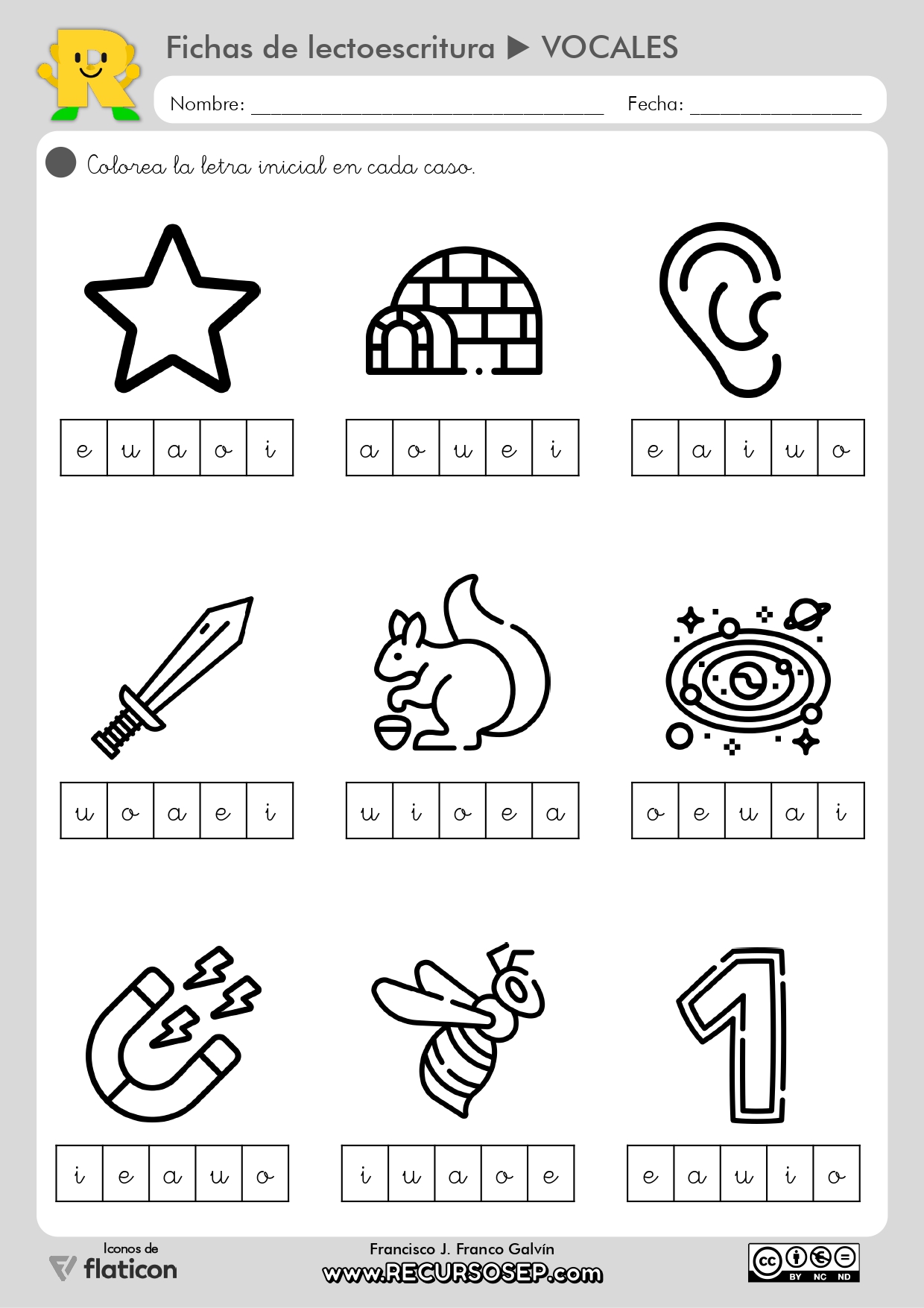 Fichas de LECTOESCRITURA – VOCALES (Letra ligada e imprenta)