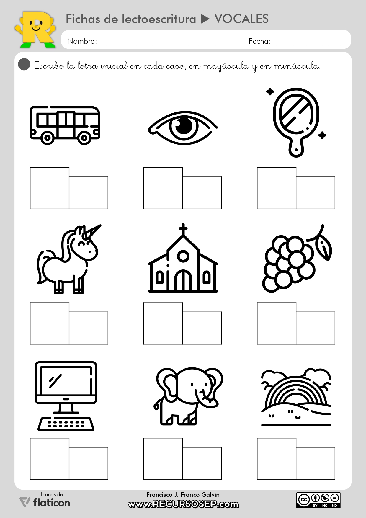 Fichas de LECTOESCRITURA – VOCALES (Letra ligada e imprenta)