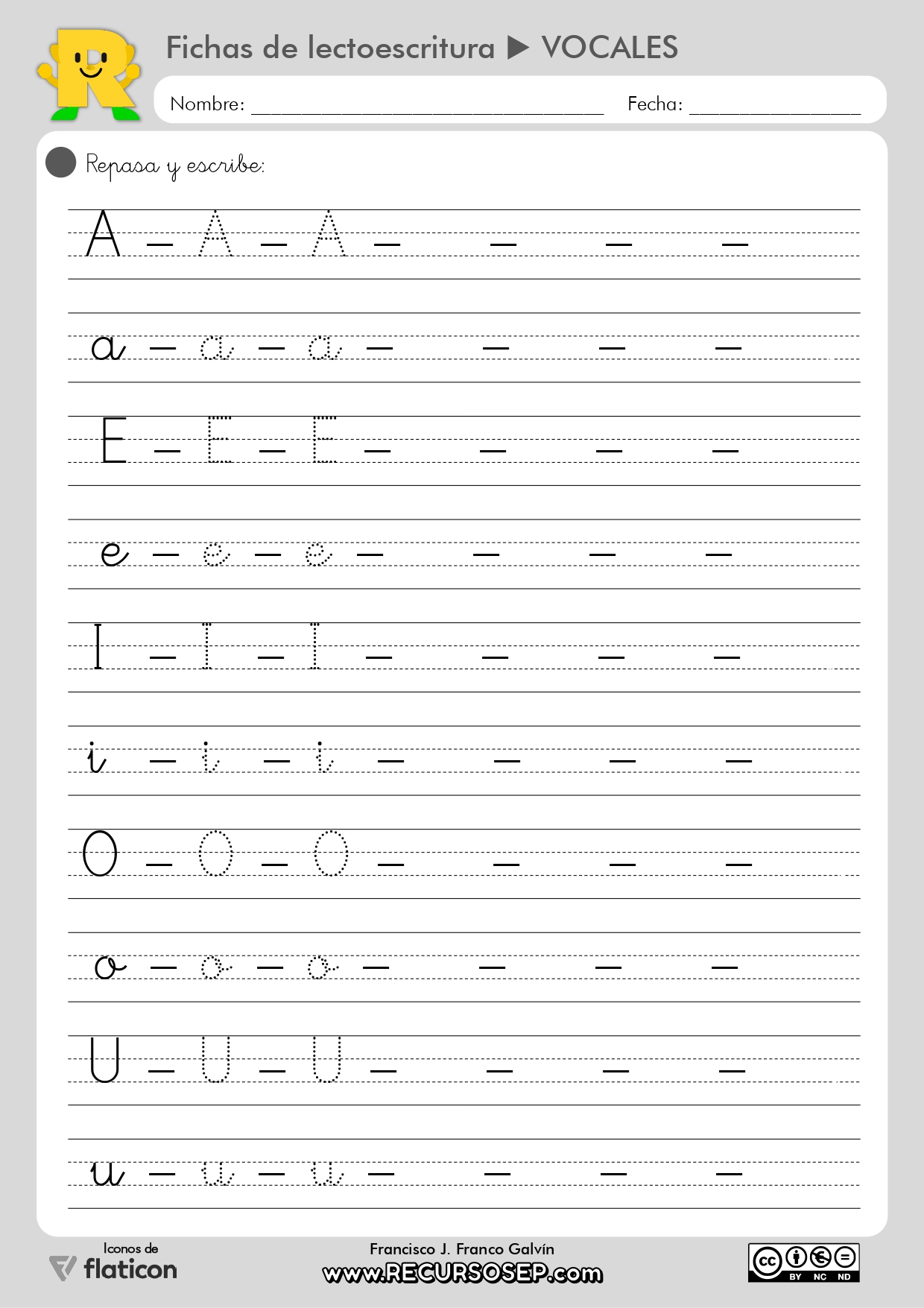 Fichas de LECTOESCRITURA – VOCALES (Letra ligada e imprenta)